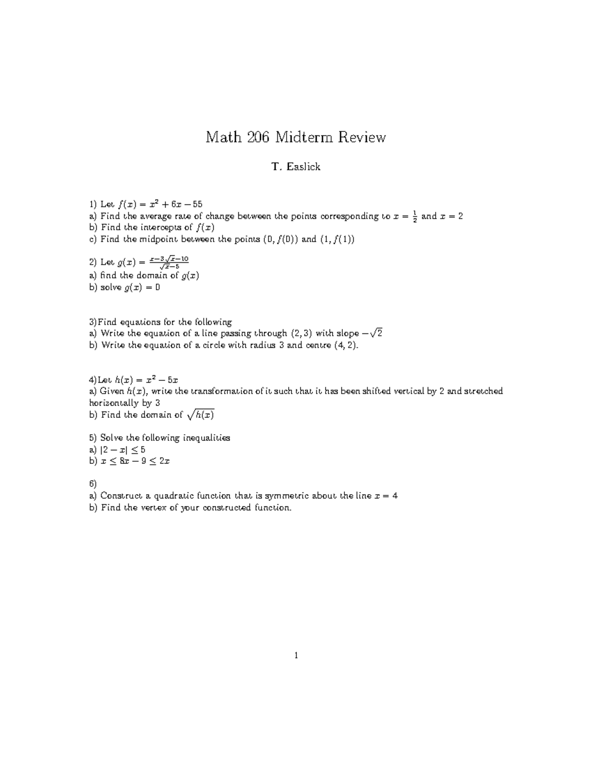 206 Midterm Review Problems - MATH 206 - Concordia - Studocu