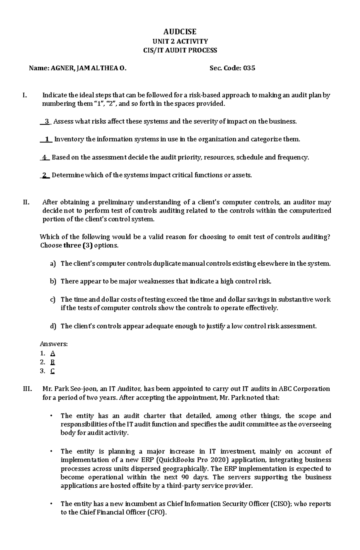 Audcise Unit 2 Worksheet - Agner, Jam Althea O - AUDCISE UNIT 2 ACTIVITY CIS/IT AUDIT PROCESS ...
