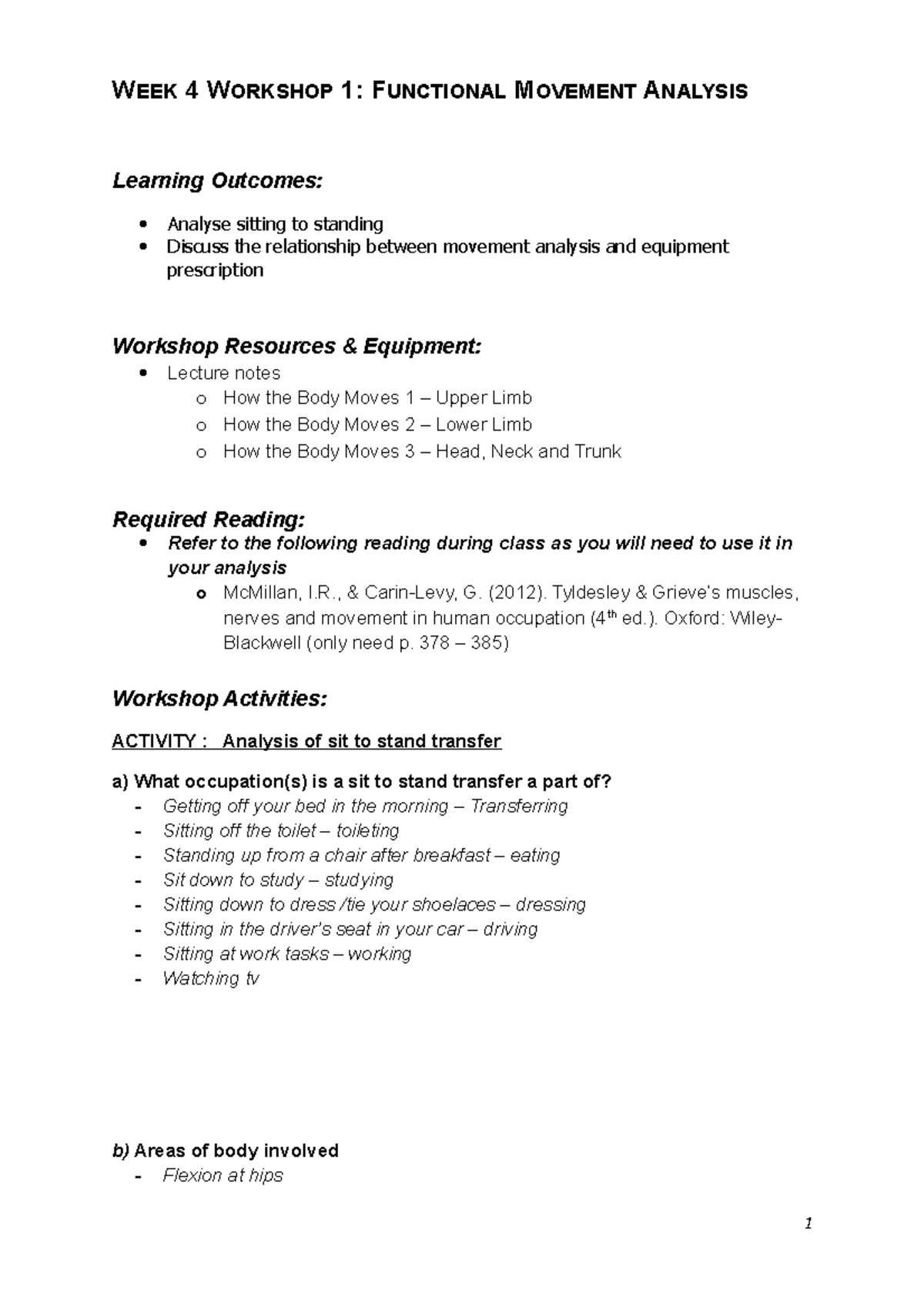 Functional Movement analysis Student Worksheet - WEEK 4 WORKSHOP 1 ...