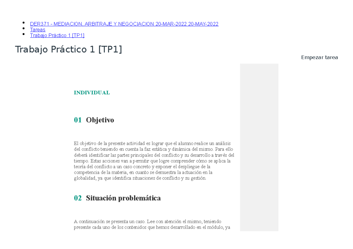 TP1 - trabajo pràctico obligatorio individual - DER371 - MEDIACION, ARBITRAJE Y NEGOCIACION ...