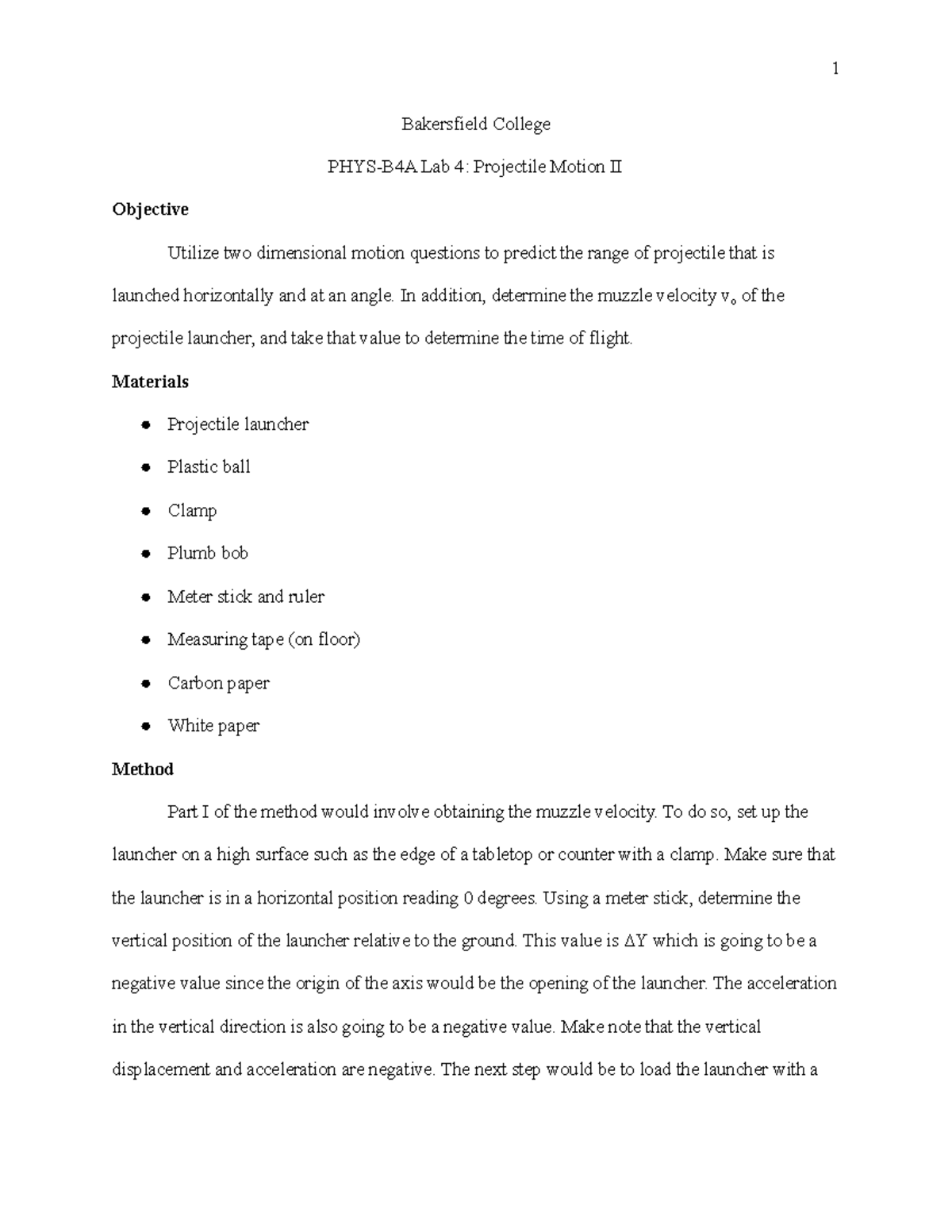 Projectile Motion Lab II - Bakersfield College PHYS-B4A Lab 4 ...