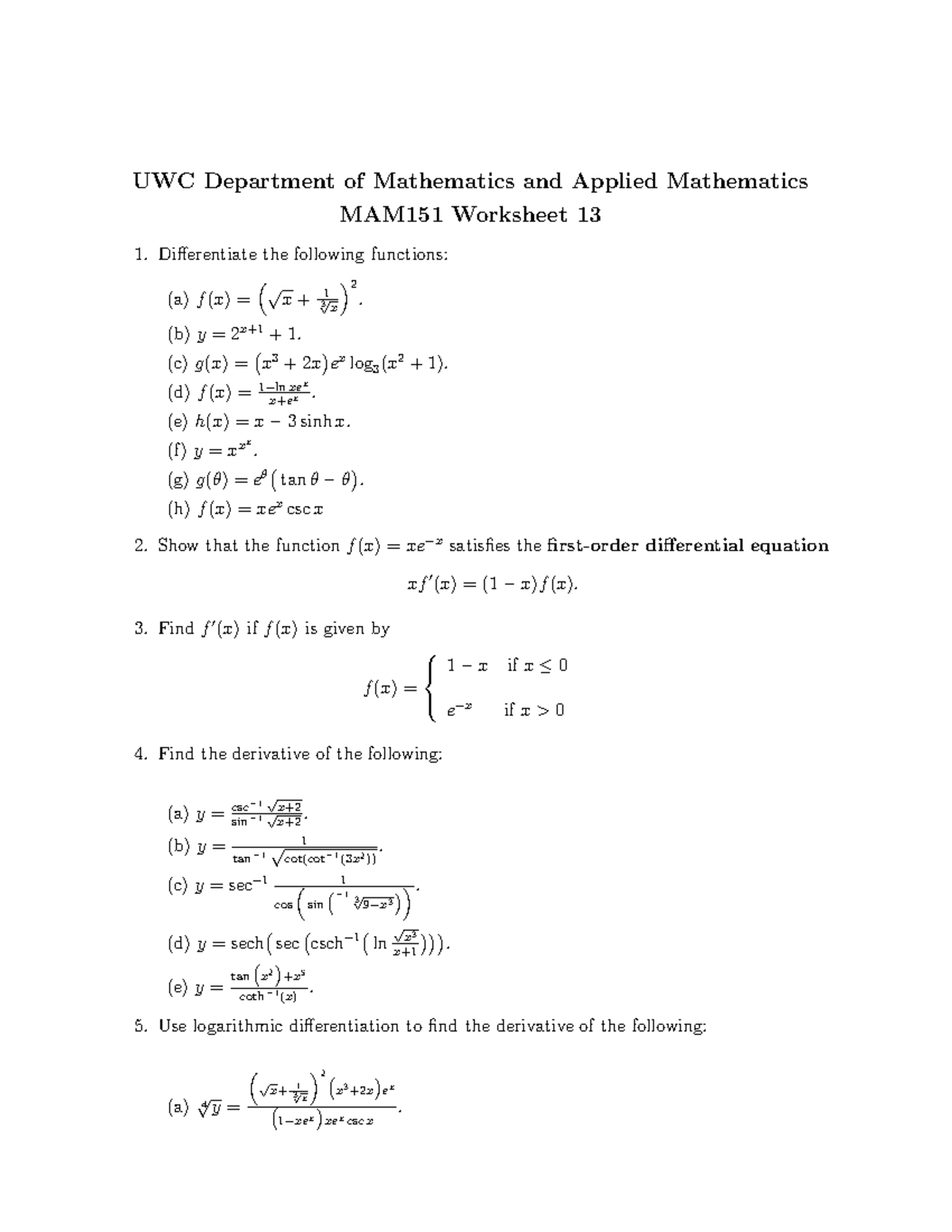 MAM151 Worksheet 13 - Differentiation and its Applications - UWC ...