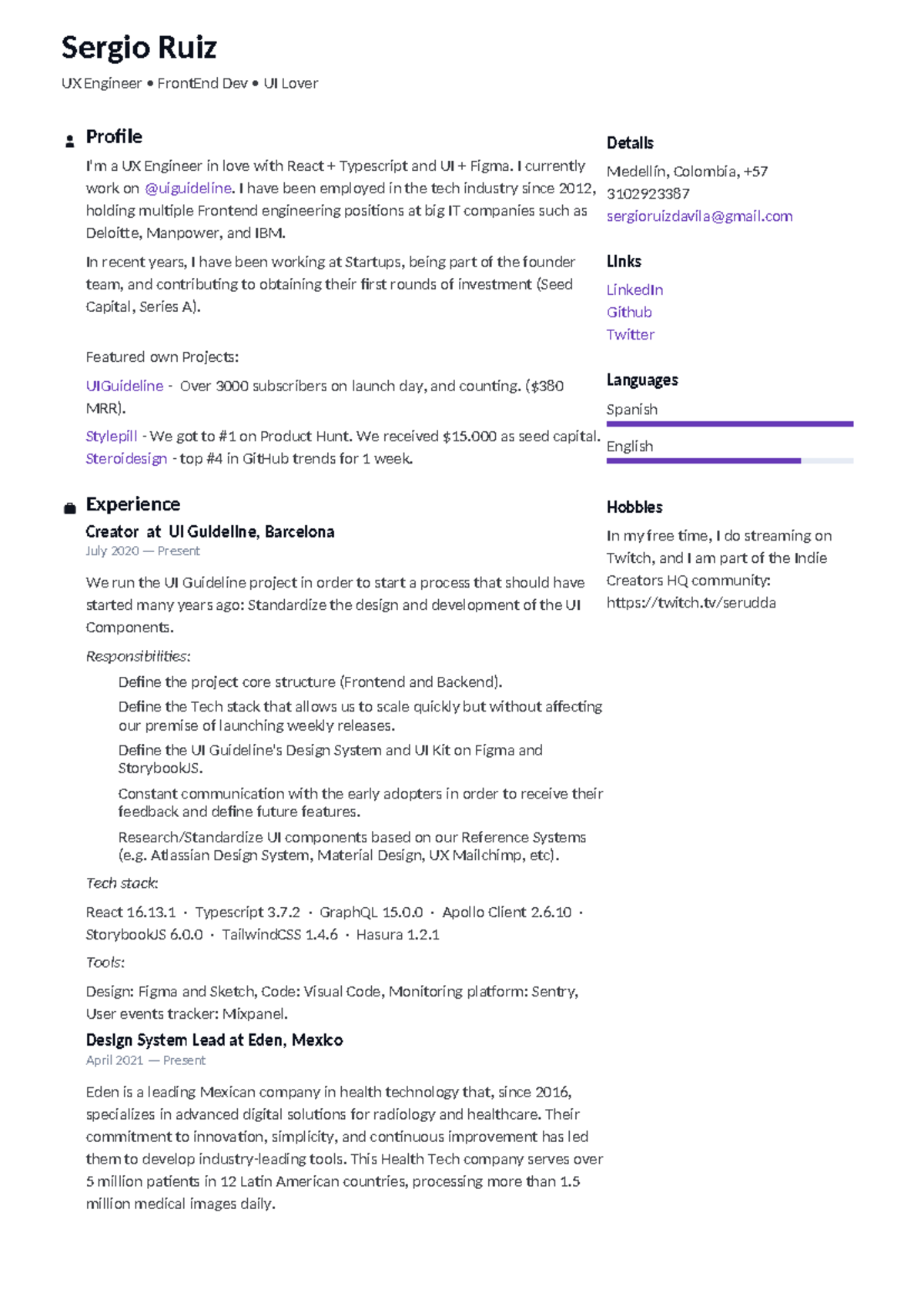 Sergio Ruiz - Resume - UX Engineer • Front End Dev • UI Lover - Sergio Ruiz UX Engineer ...