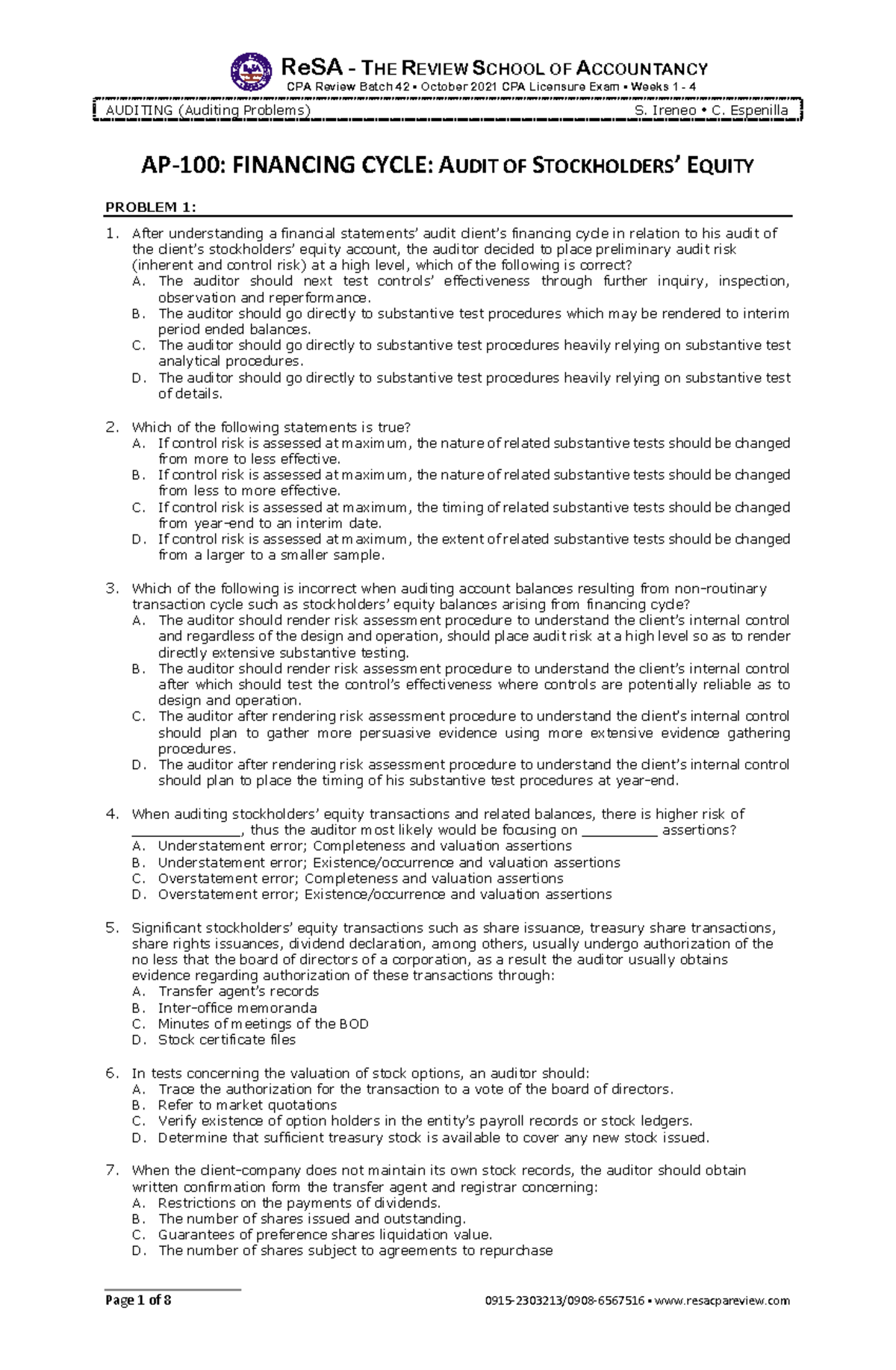 AP 100 Audit of Shareholders Equity - ReSA - THE REVIEW SCHOOL OF ...