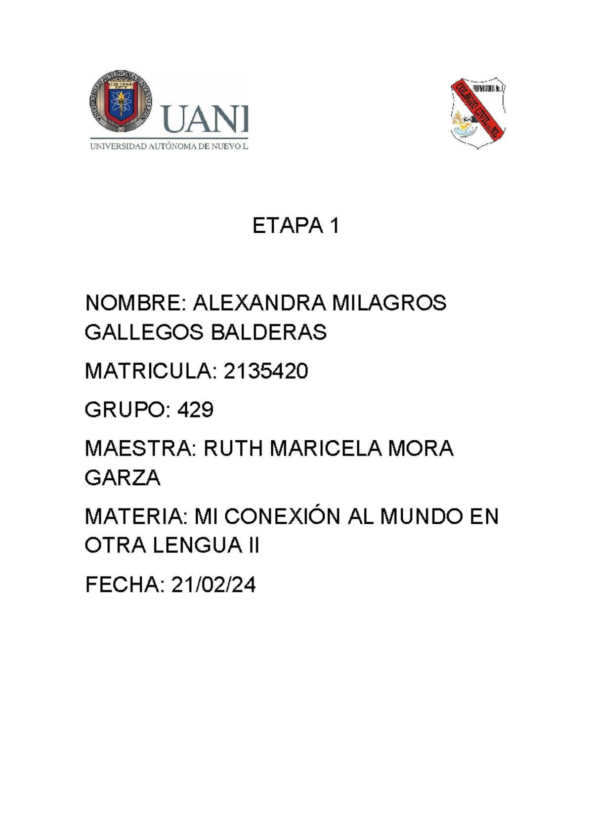 AMGB ARE1 Mcmlii - ingles - Inglés IV - ETAPA 1 NOMBRE: ALEXANDRA ...