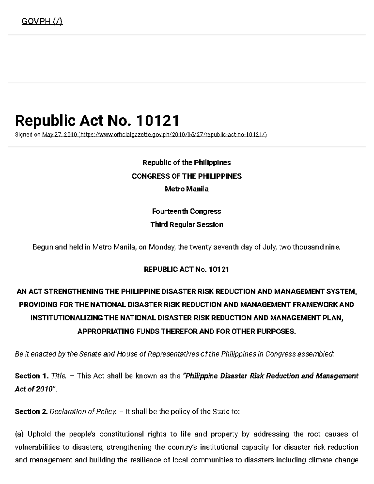 Republic Act No. 10121 Official Gazette of the Republic of the ...