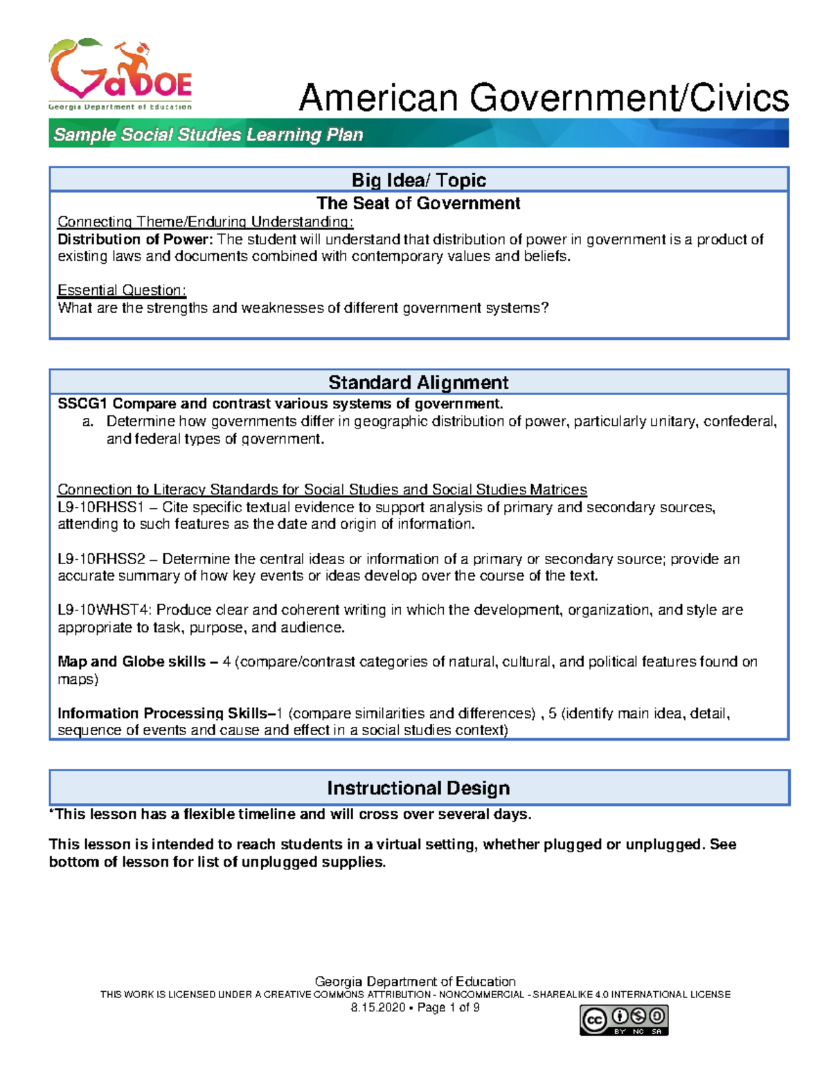 Social Studies American Government Distance Learning Plan Seat of ...