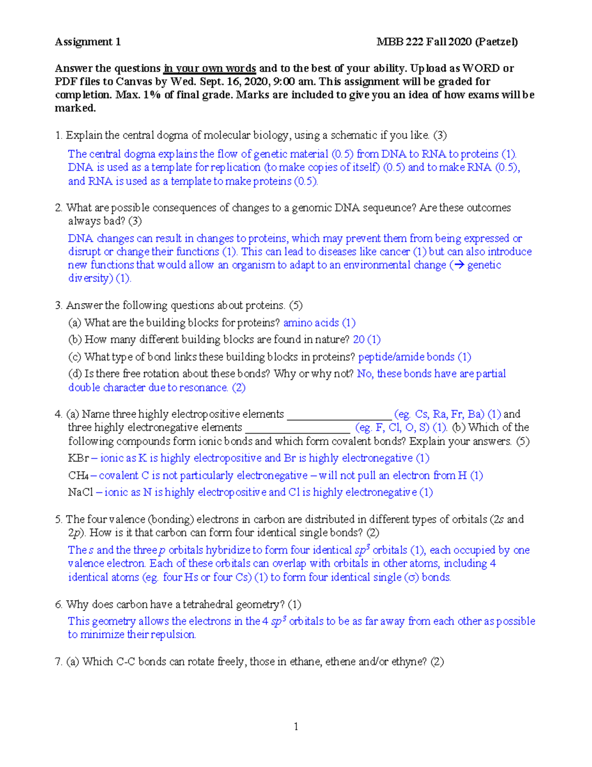 Assignment 1-key - Assignment 1 MBB 222 Fall 2020 (Paetzel) 1 Answer ...