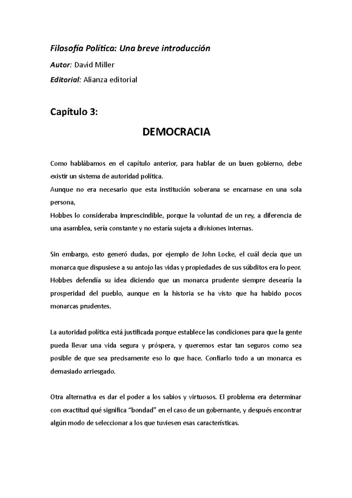 Democracia - David Miller - Resumen capítulo 3 - Filosofía Política ...