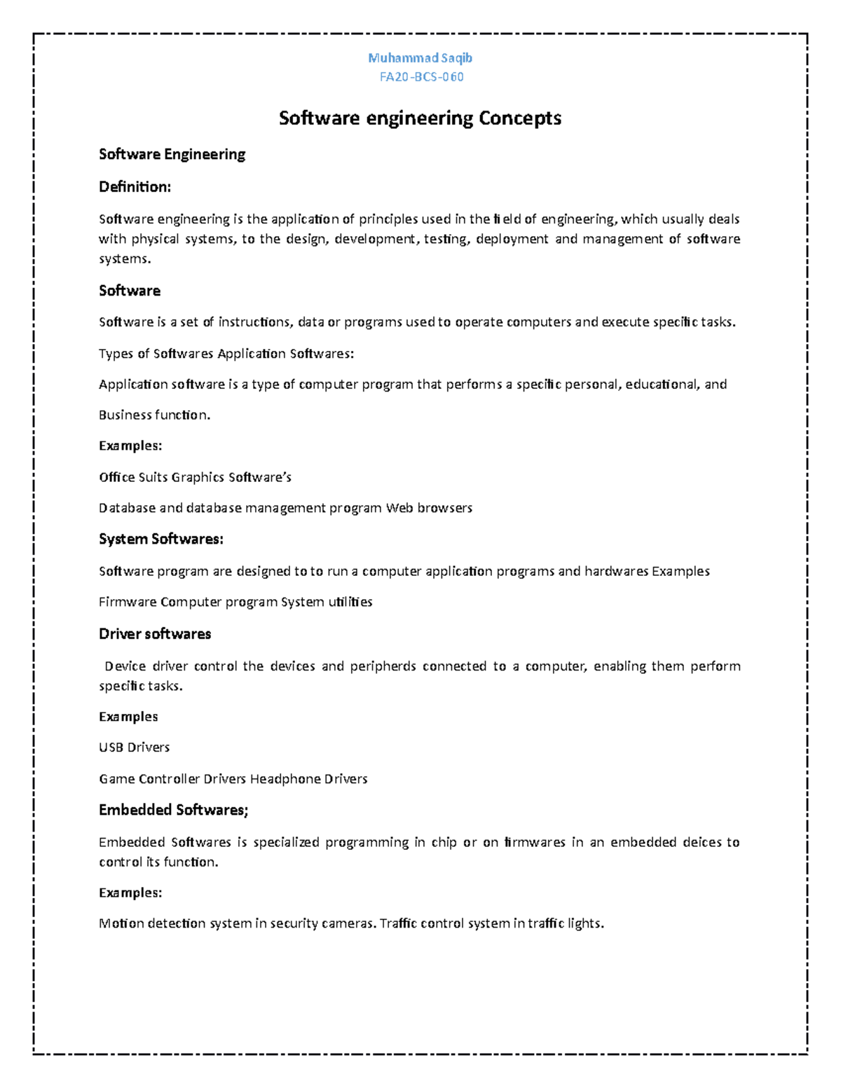 SE Notes - Soft - FA20-BCS- Software engineering Concepts Software ...