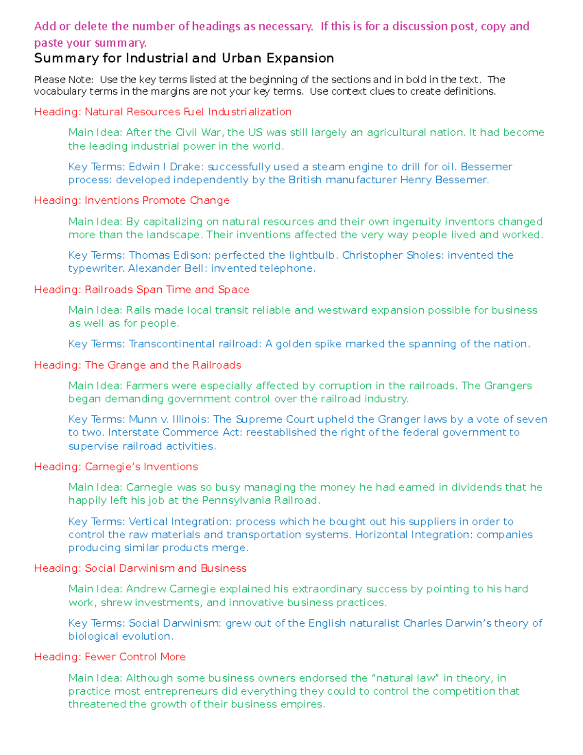 Industrial and Urban Expansion Textbook Summary Template - Add or ...