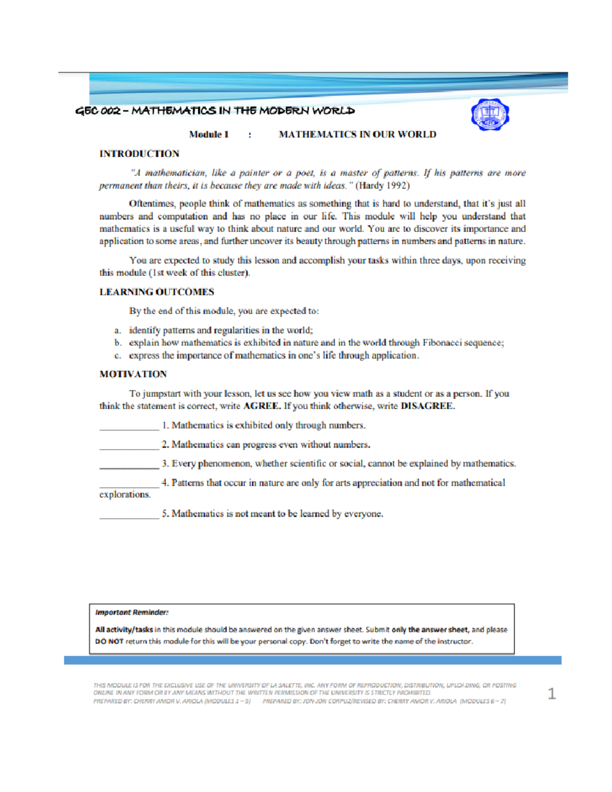 Cherry-Viray-GEC002- Module-1- Mathematics-IN-OUR- World 1 - MOTIVATION ...