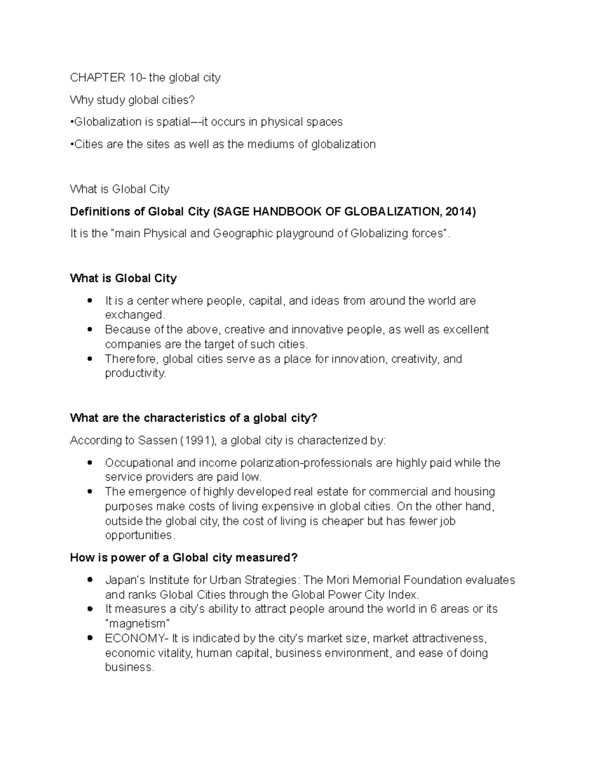 Chapter-10- Reviewer - N/A - CHAPTER 10- the global city Why study ...