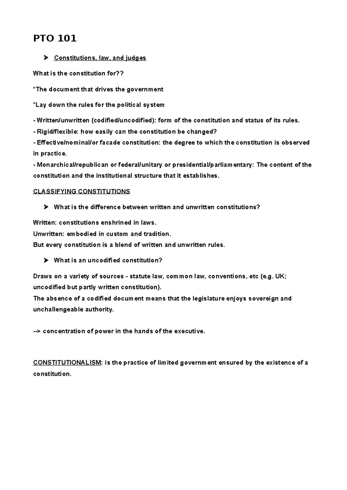 PTO 101 - Summary Politics - PTO 101 Constitutions, law, and judges ...