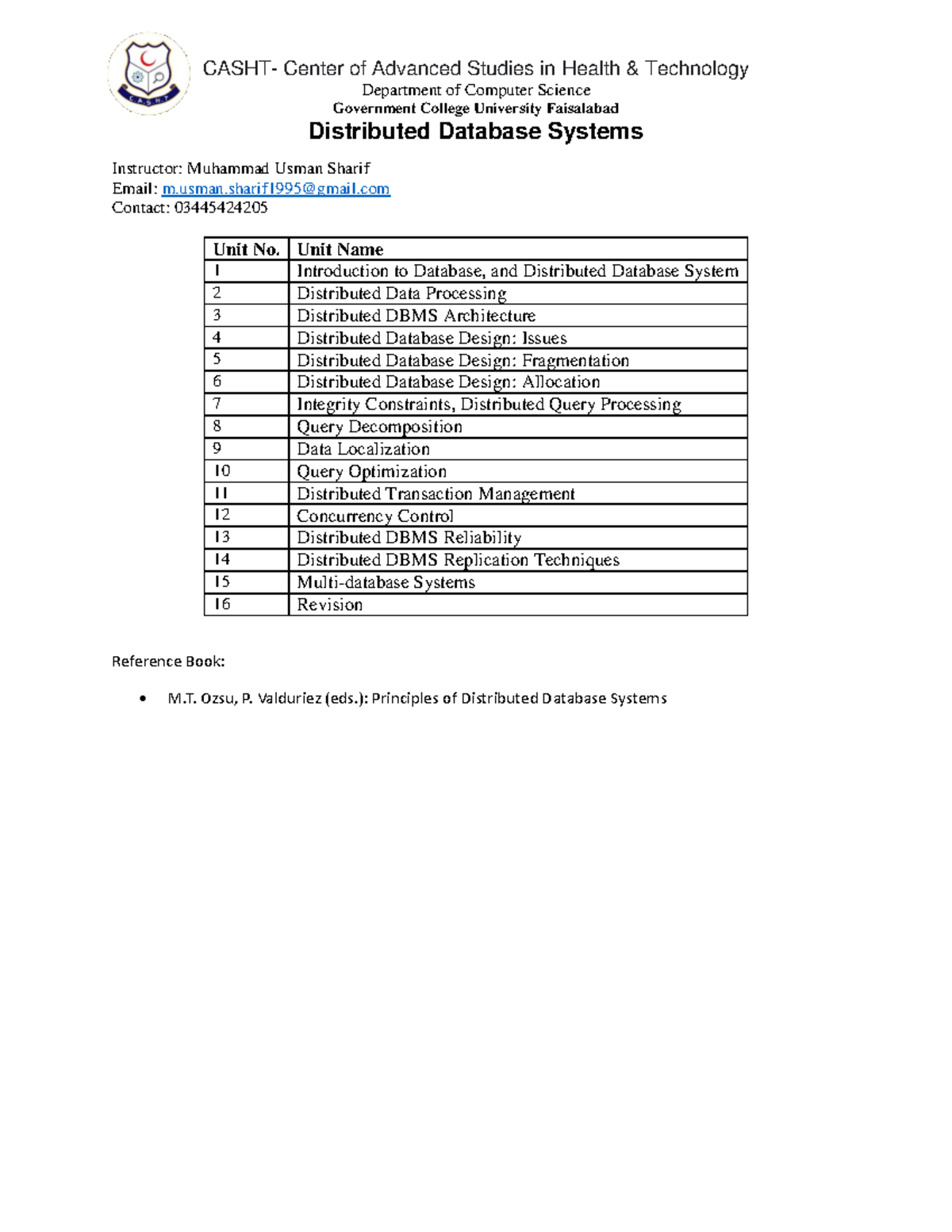 DDS - Course Outline - CASHT- Center of Advanced Studies in Health ...