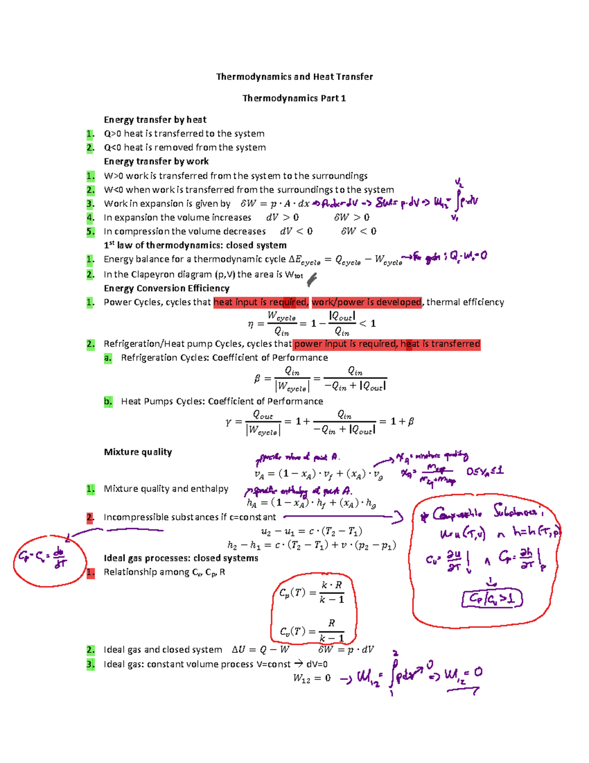 Formula sheet all - Thermodynamics and Heat Transfer Thermodynamics ...