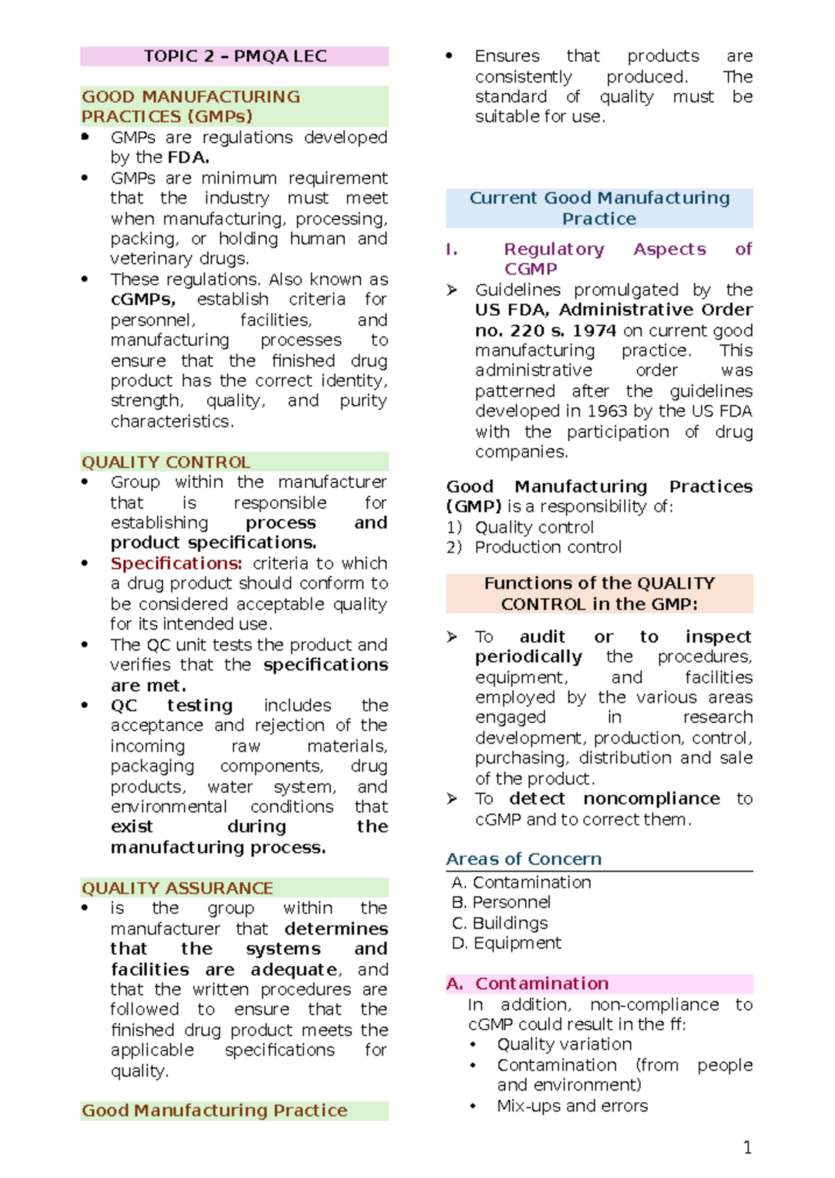 Topic 2 - TOPIC 2 – PMQA LEC GOOD MANUFACTURING PRACTICES (GMPs) GMPs ...