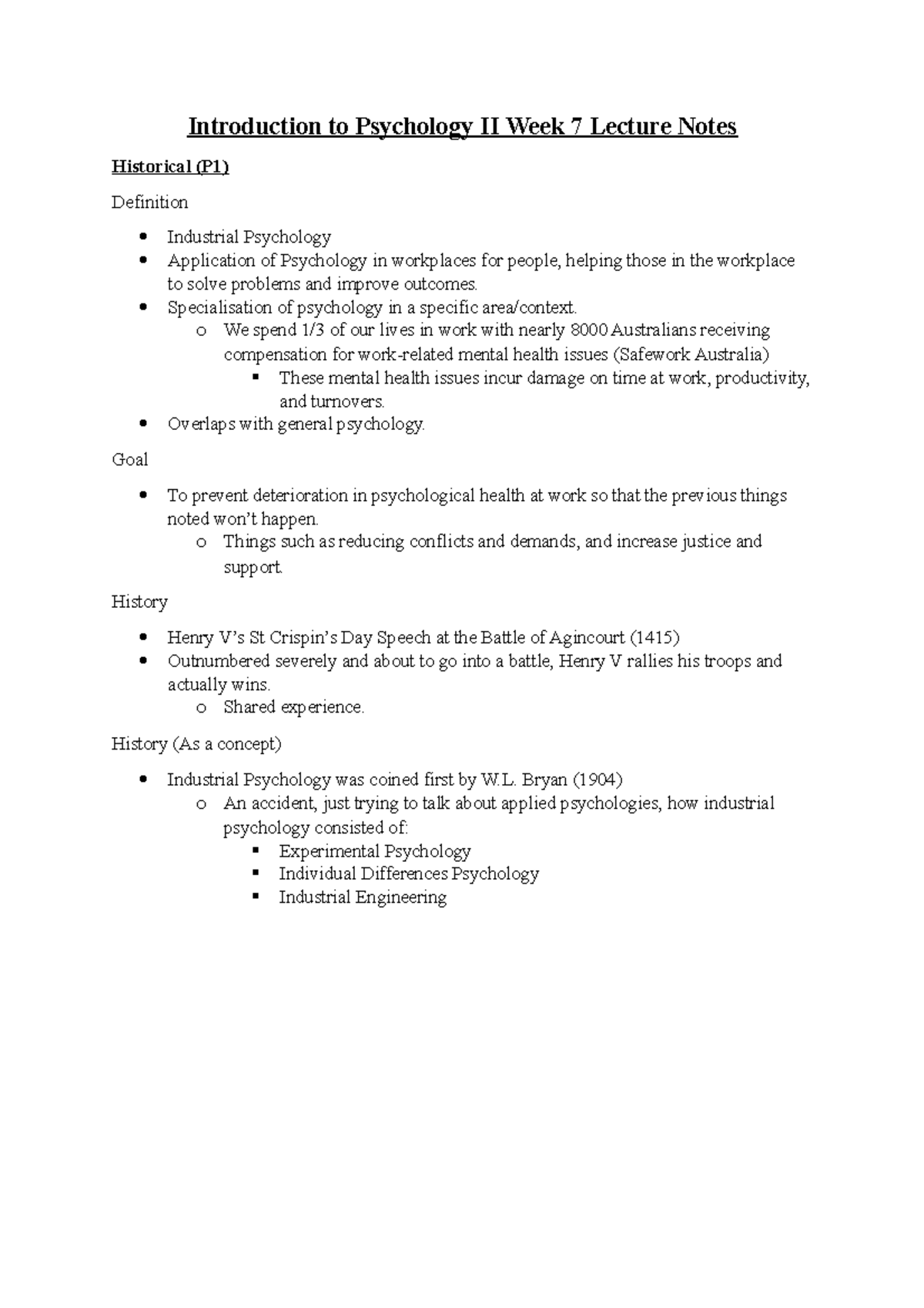 Introduction to Psychology II Week 7 Lecture Notes - Specialisation of ...