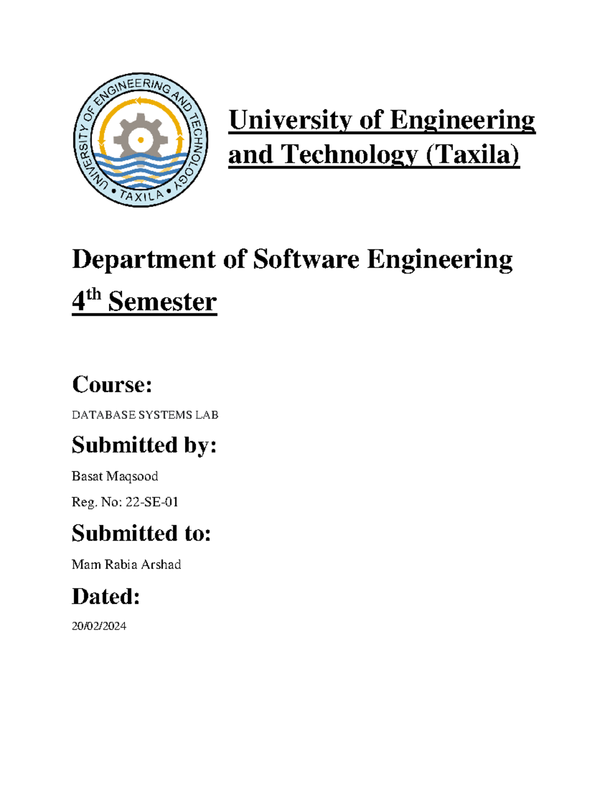 Dbs Lab Assignment Department Of Software Engineering 4 Th Semester Course Database Systems