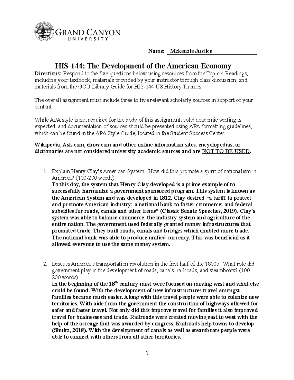 Topic 4 assignment - Name: Mckenzie Justice HIS-144: The Development of ...