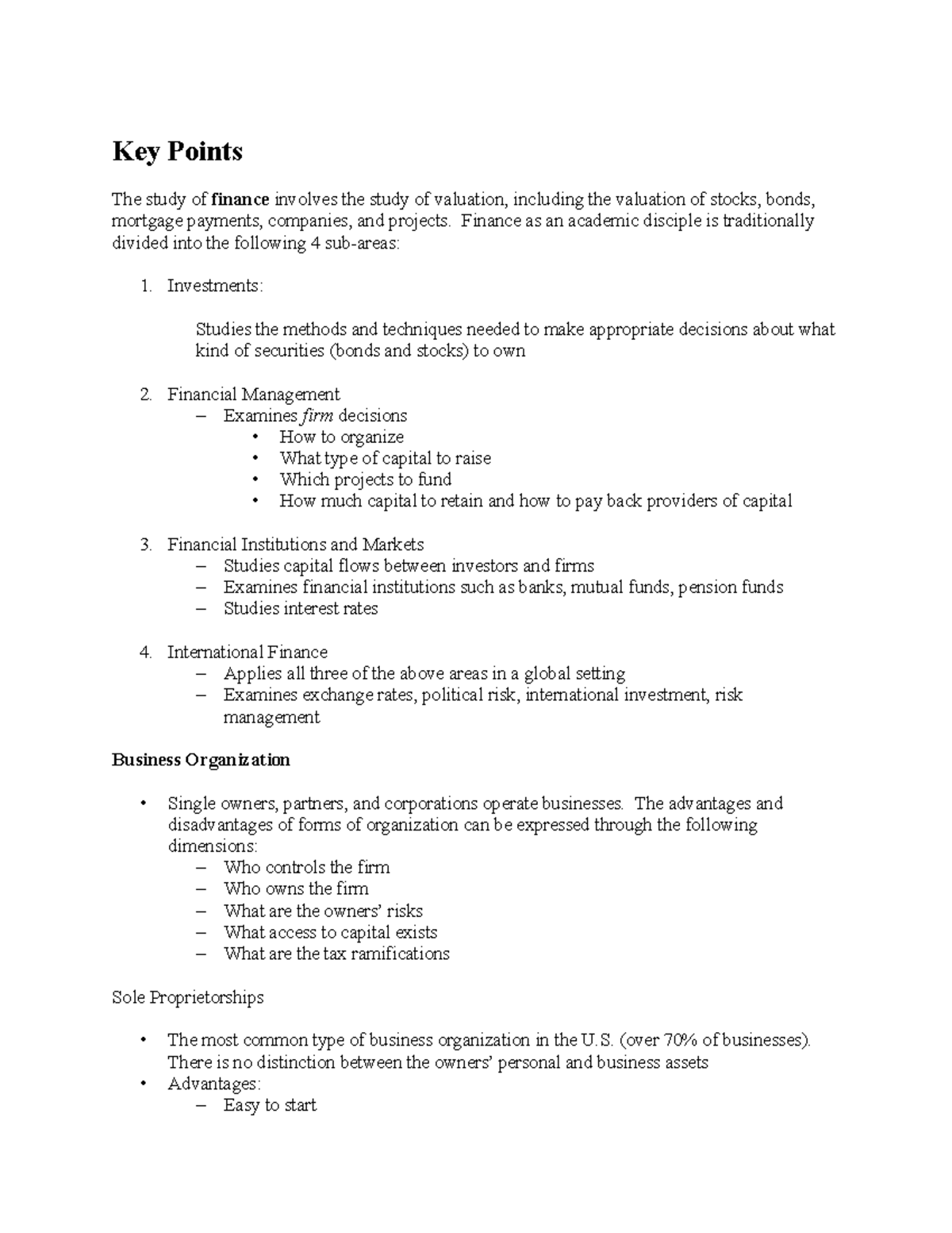 FINA301 Cornett Module 1 Keypoints - Key Points The study of finance ...