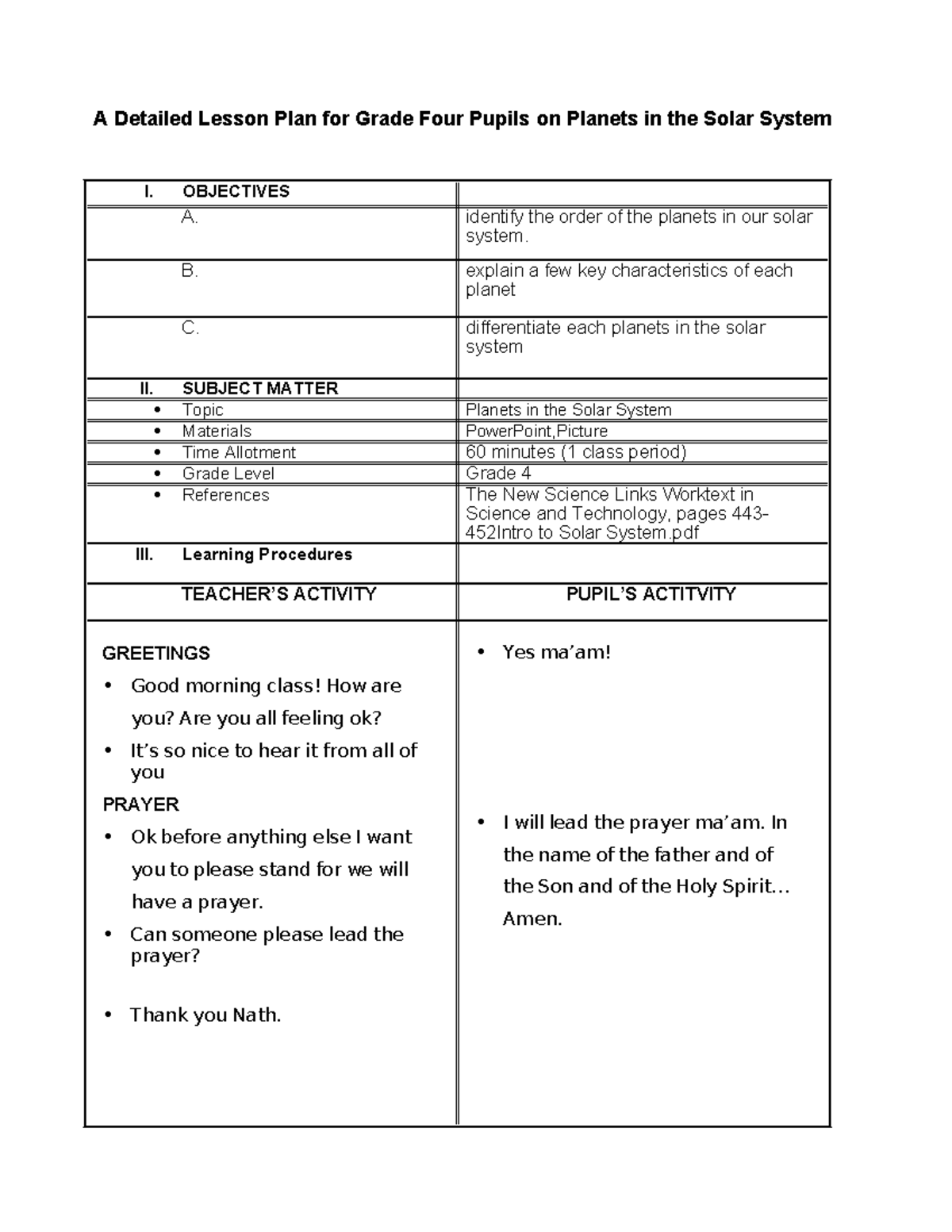 Science planets detailed lesson plan 1 - A Detailed Lesson Plan for ...