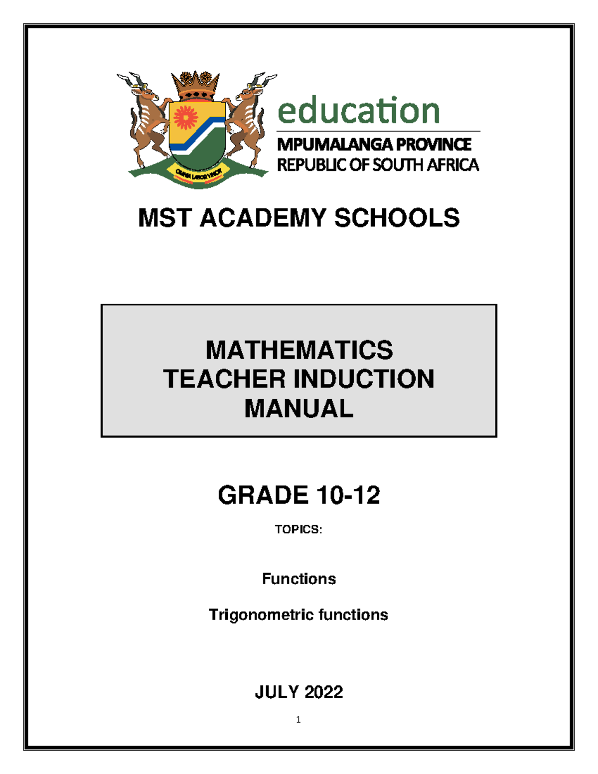 Teacher Induction Manual- Functions - MST ACADEMY SCHOOLS MATHEMATICS ...