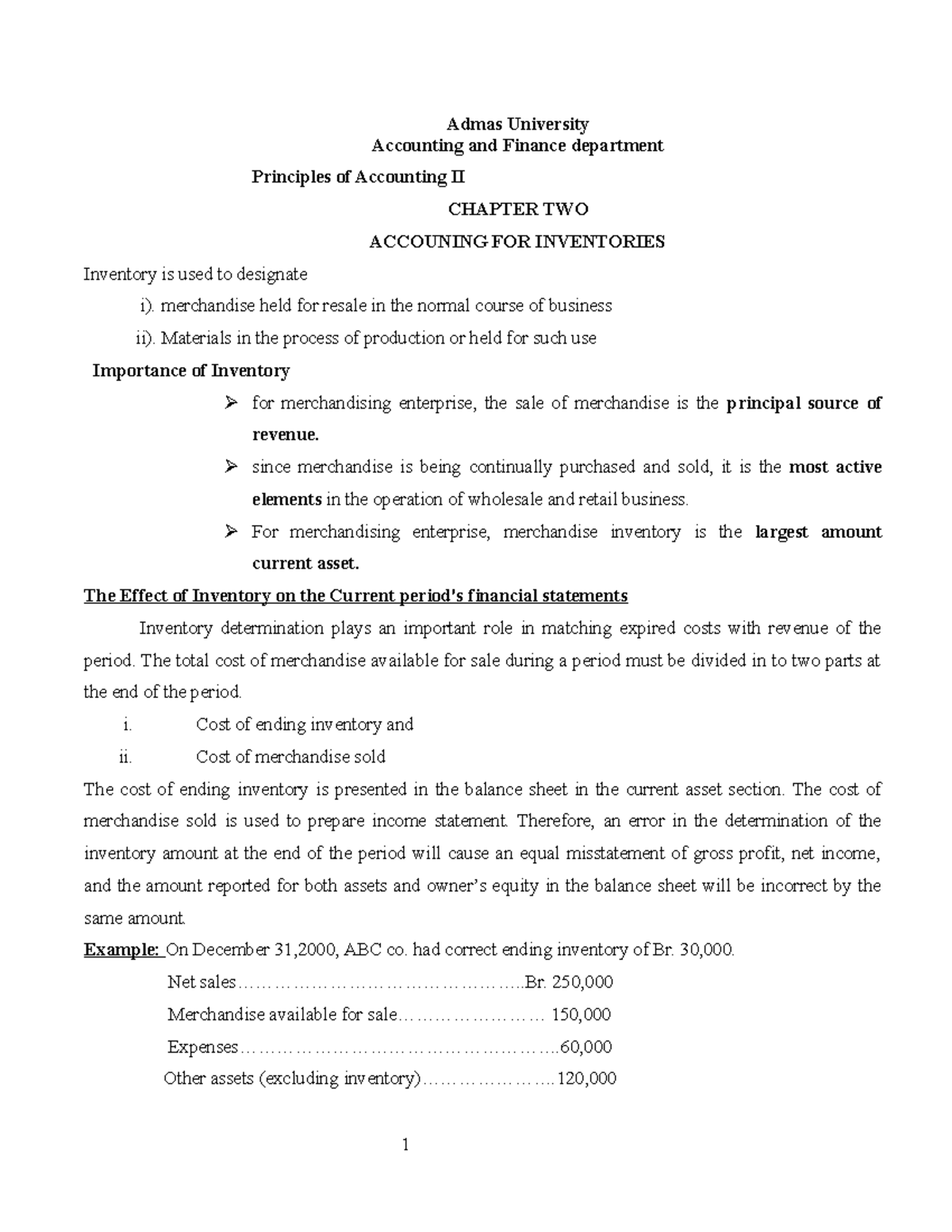 Accounting for Inventories 2 - Admas University Accounting and Finance department Principles of ...