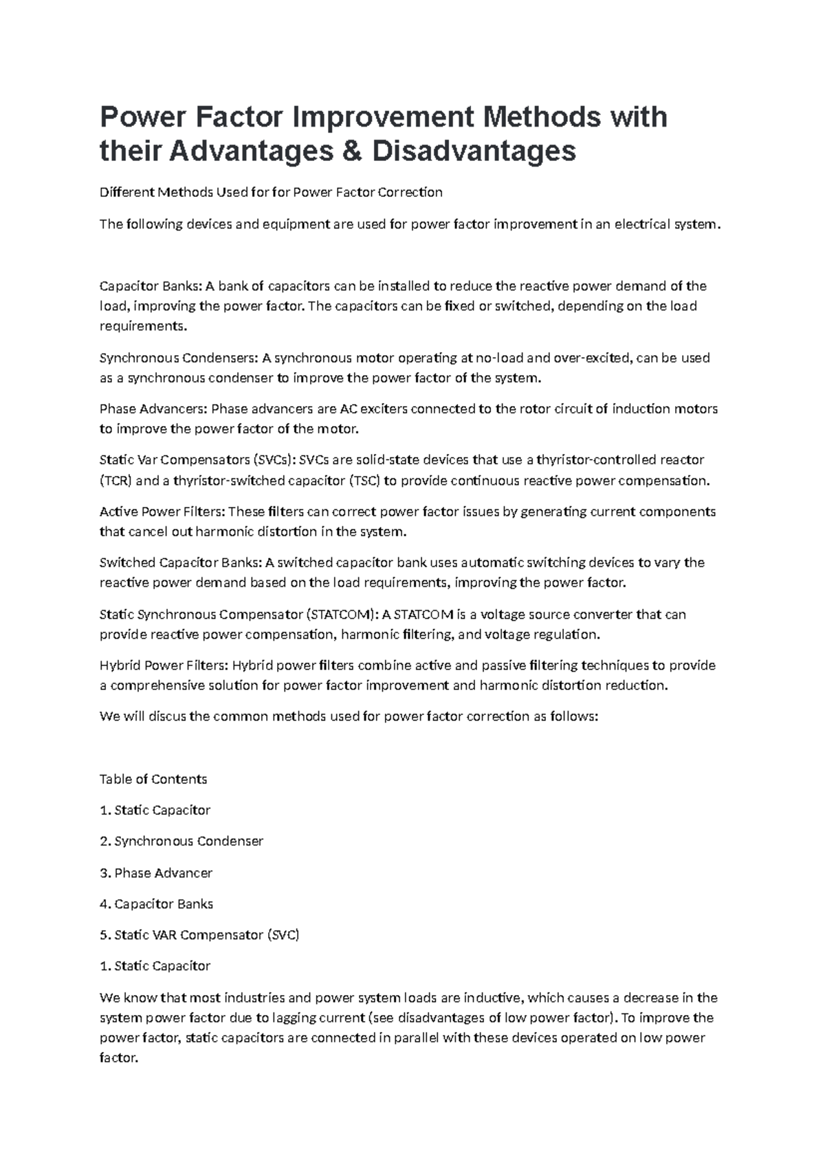 Power Factor Improvement Methods with their Advantages - Capacitor ...