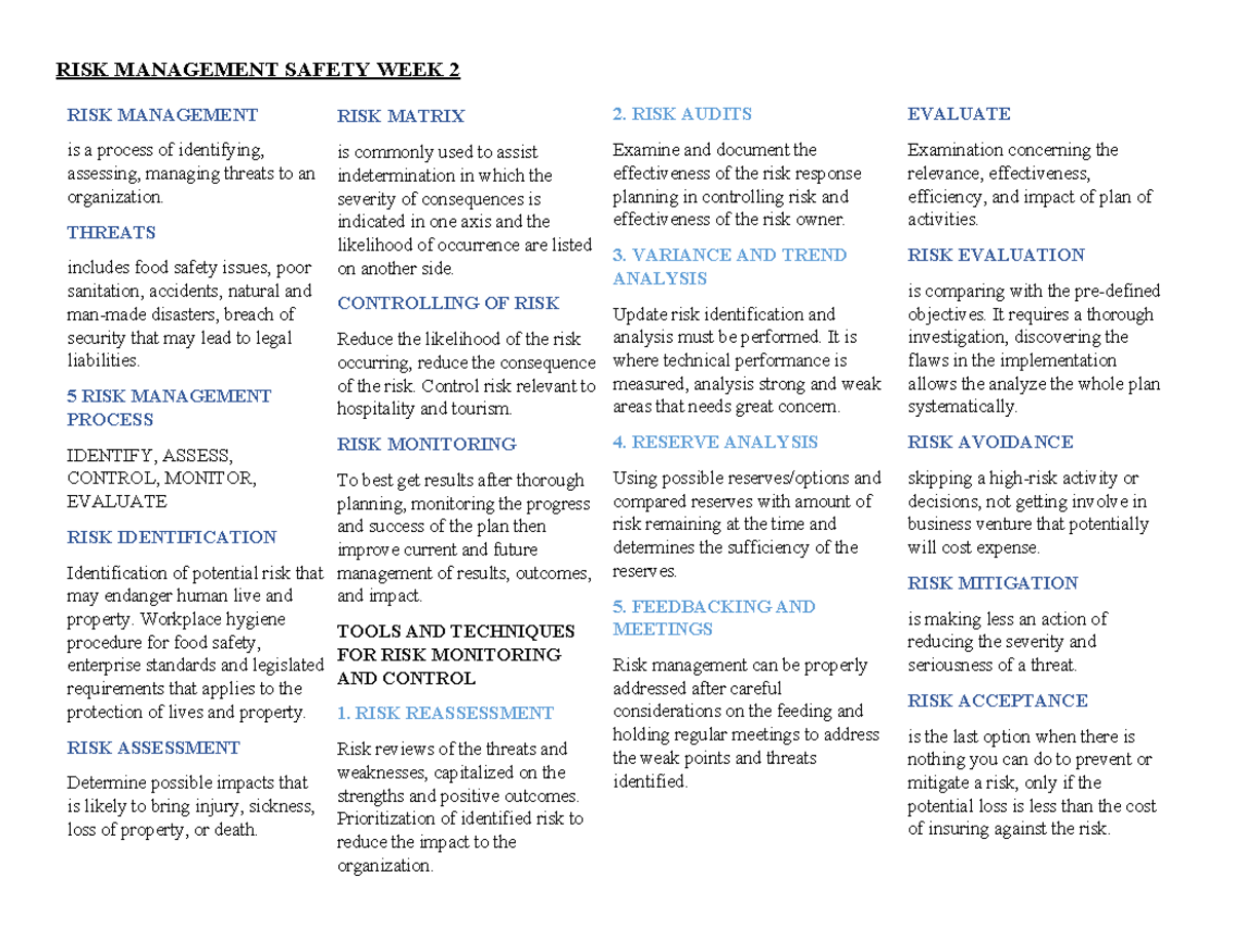 RISK Management Process WEEK 1 - RISK MANAGEMENT SAFETY WEEK 2 RISK ...