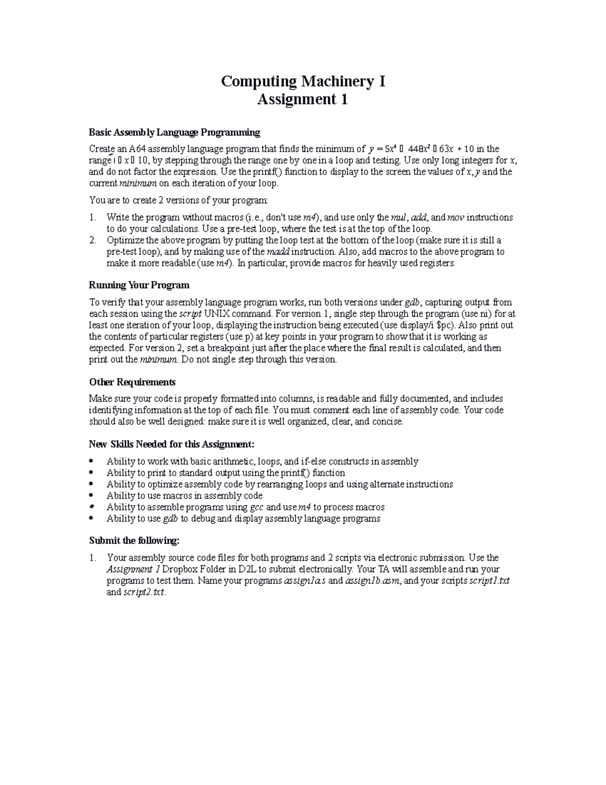 Assignment 1 Computing Machinery I Assignment 1 Basic Assembly Language Programming Create An