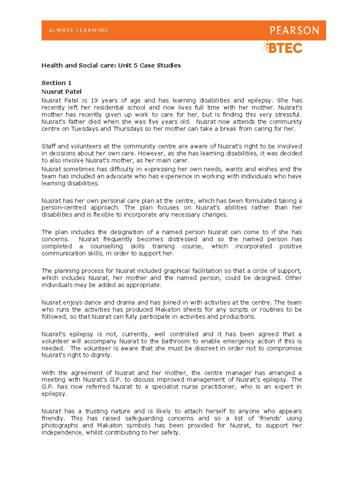 Case studies - Health and Social care: Unit 5 Case Studies Section 1 ...