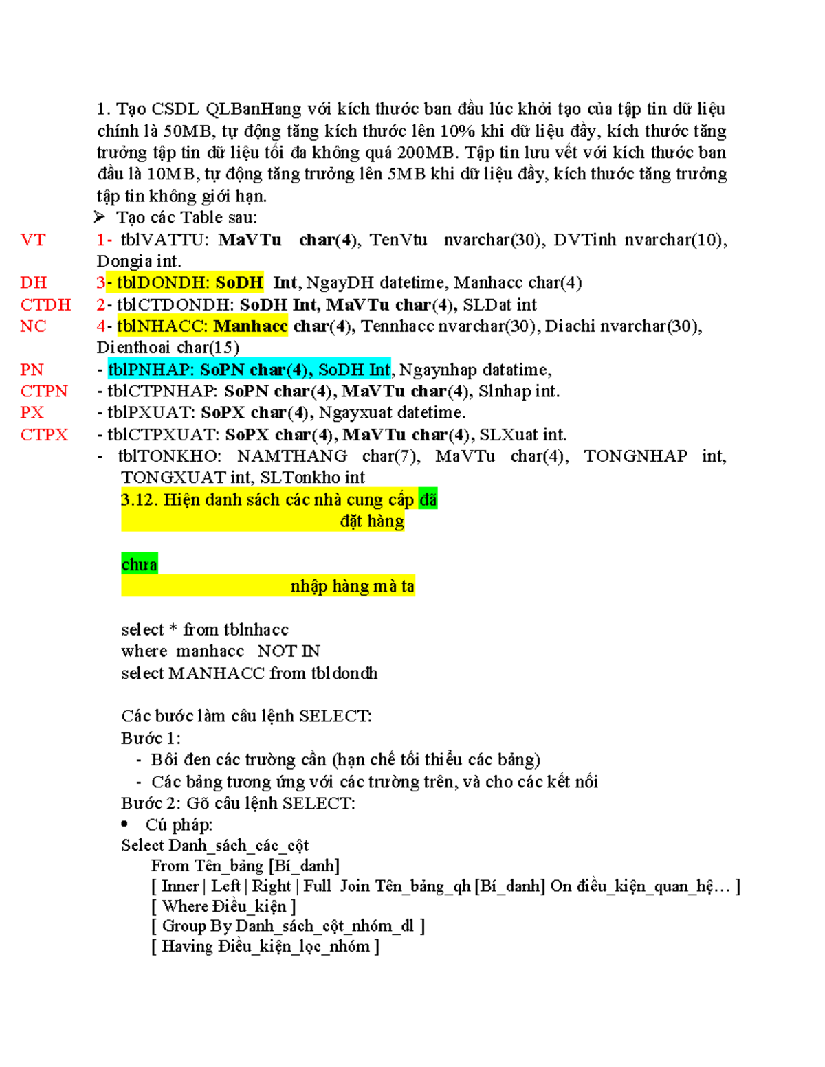 3.Tuần 3 - sdsds - Tạo CSDL QLBanHang với kích thước ban đầu lúc khởi tạo của tập tin dữ liệu ...