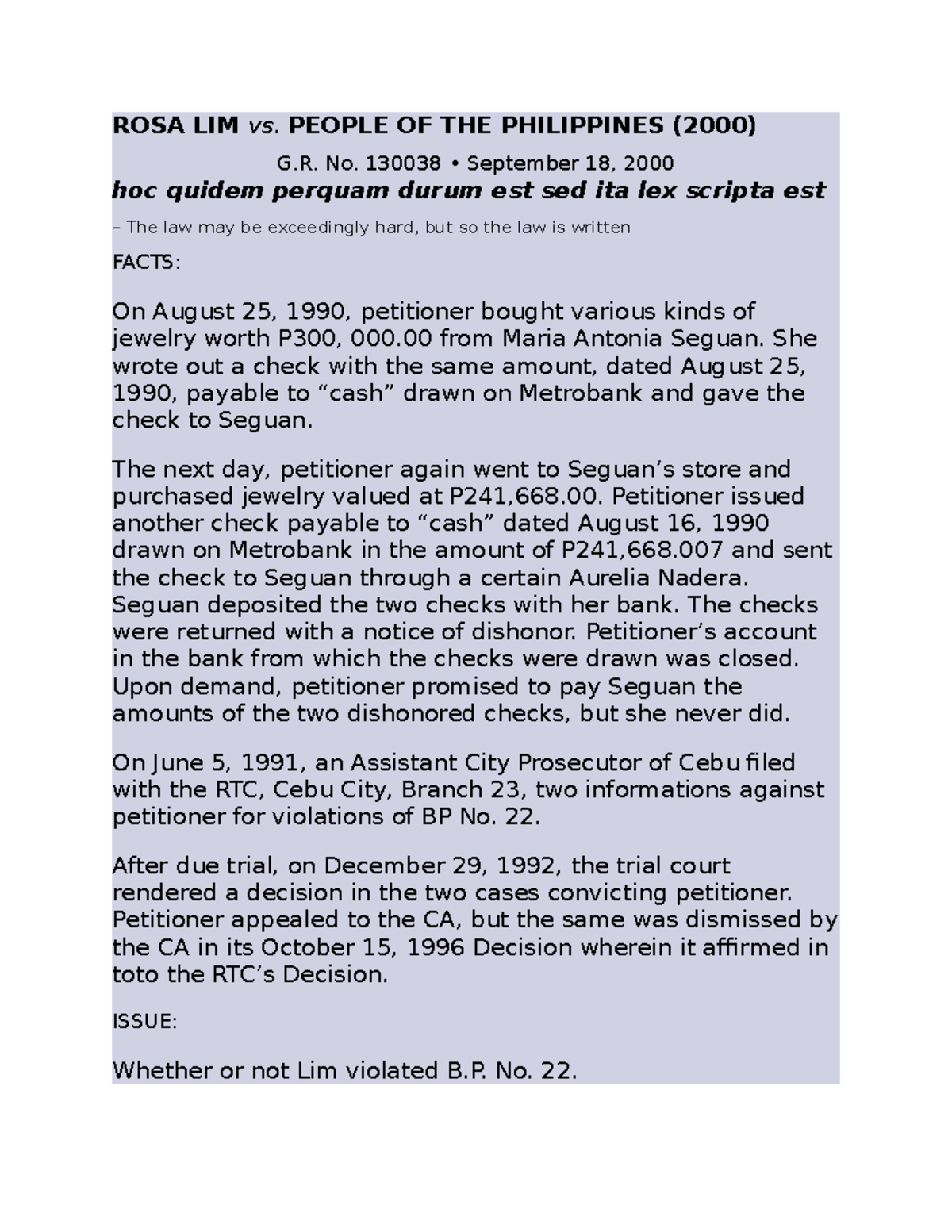 Statcon 2 case digest - Study - ROSA LIM vs. PEOPLE OF THE PHILIPPINES ...