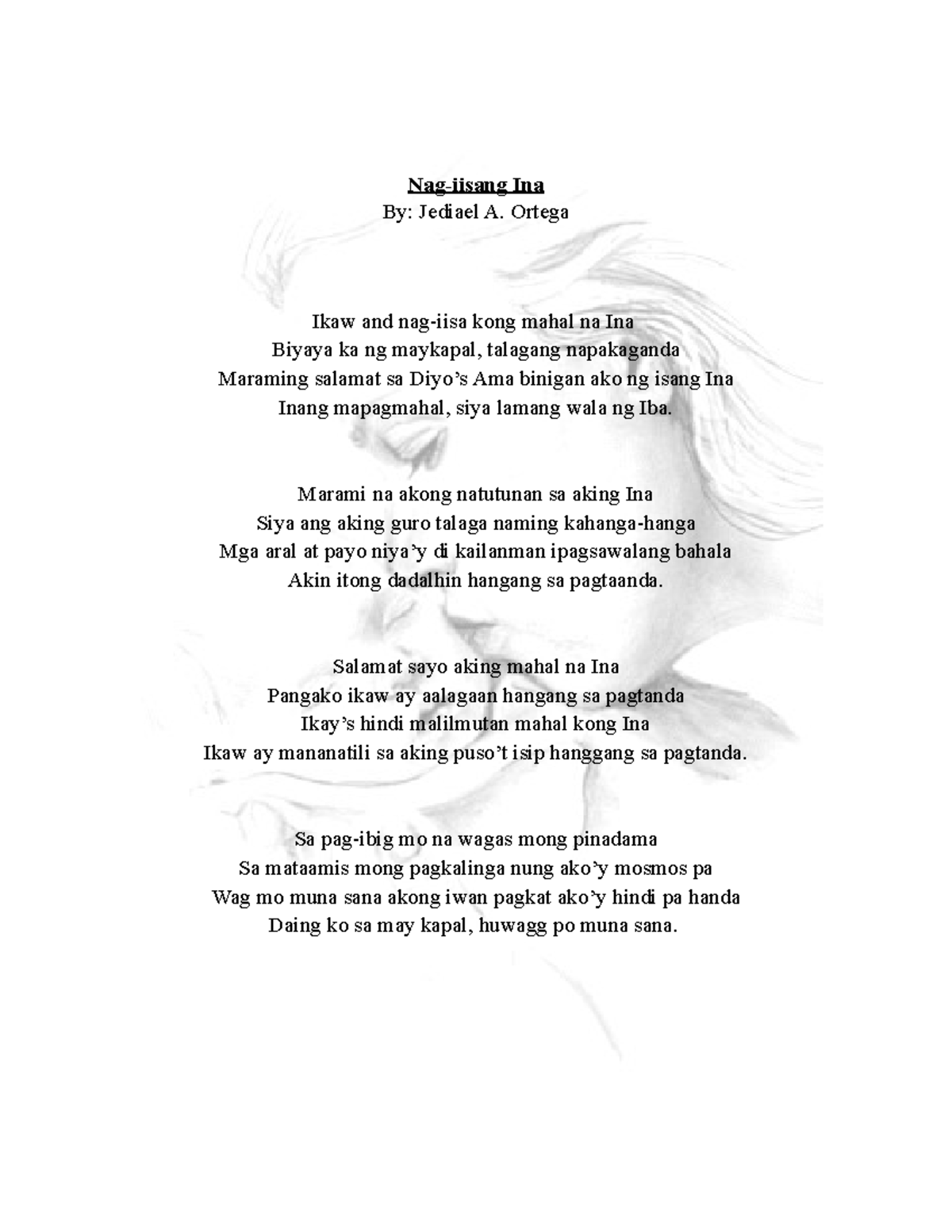 Tanging Ina Poem - Nag-iisang Ina By: Jediael A. Ortega Ikaw and nag ...