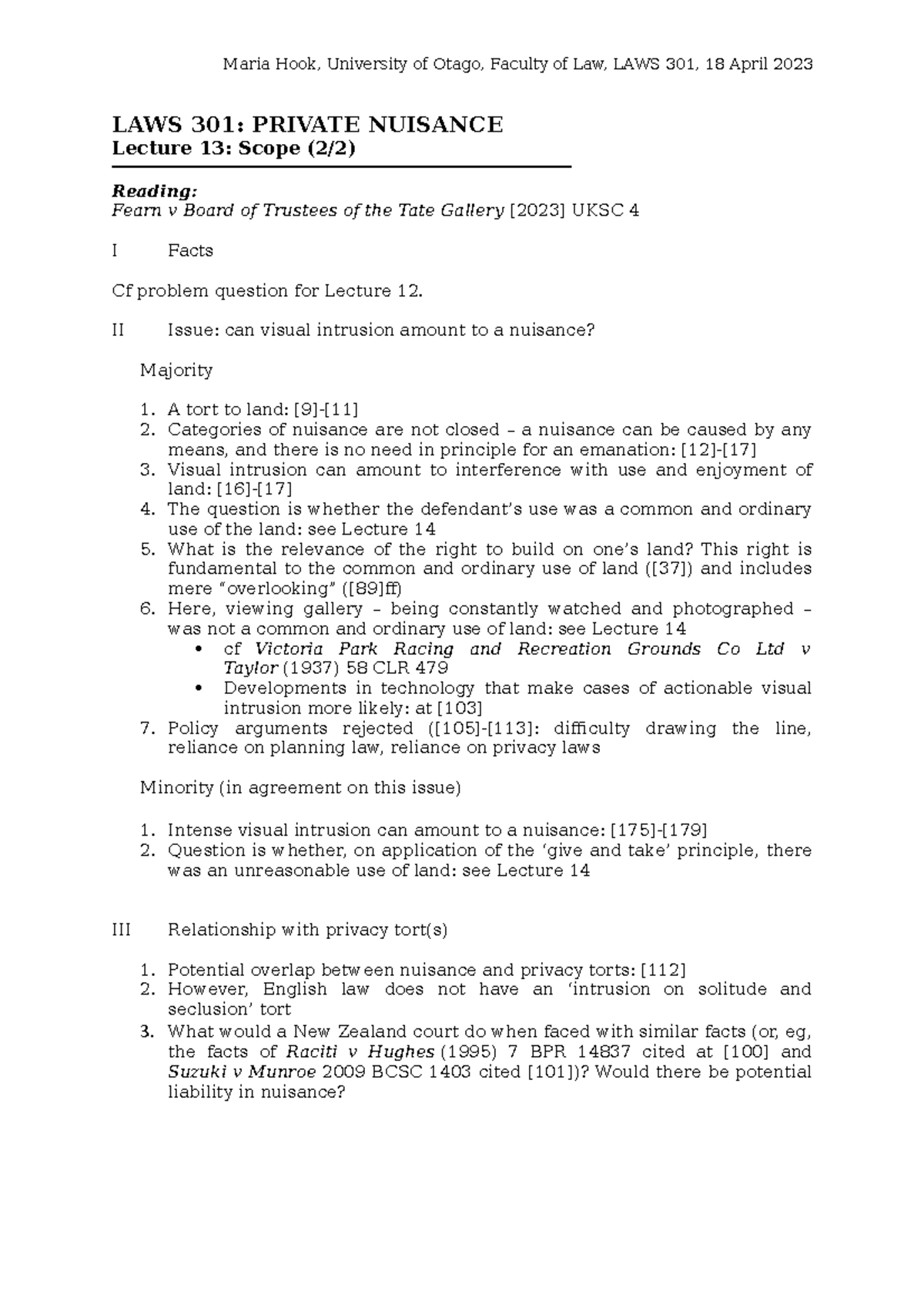 Lecture 13 Nuisance - scope (2) - Maria Hook, University of Otago ...