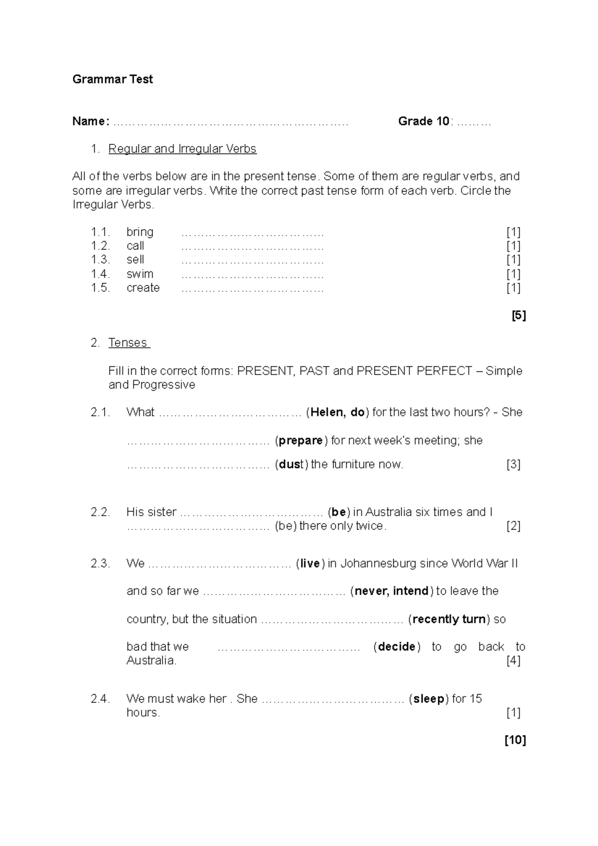 Grammar Test - Grammar Test Name