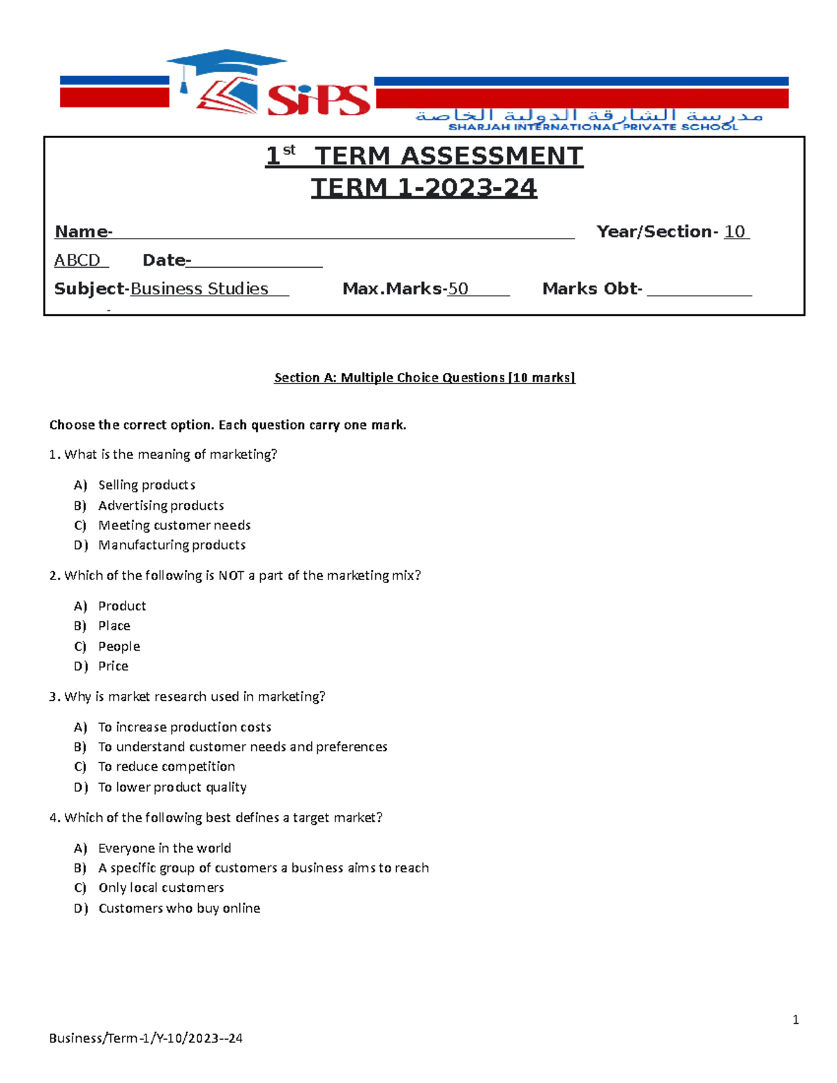 Bus Exam-T1E1-Y10-2023-24 - Section A: Multiple Choice Questions [10 ...