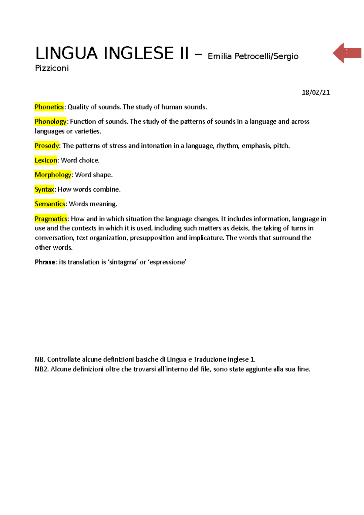 Lingua Inglese II - LINGUA INGLESE II – Emilia Petrocelli/Sergio Pizziconi 18/02/ Phonetics ...