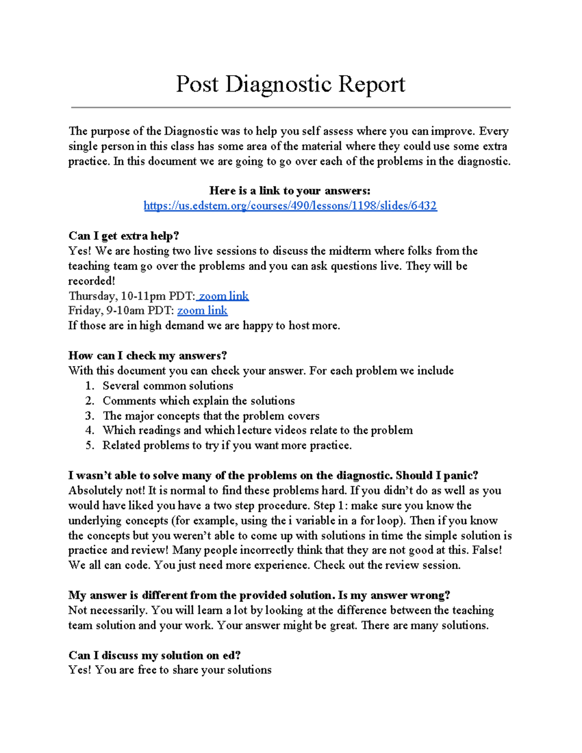 CS106A Code in Place Diagnostic Solutions - Post Diagnostic Report The ...