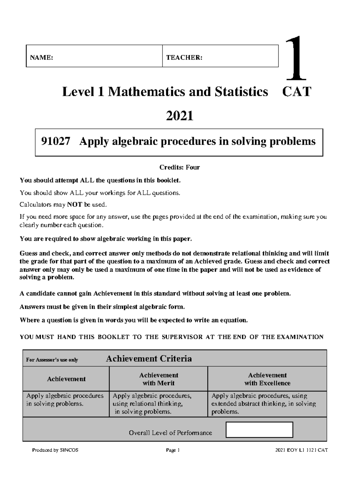 2021+EOY+L1+1120+CAT - NAME: TEACHER: Level 1 Mathematics and ...
