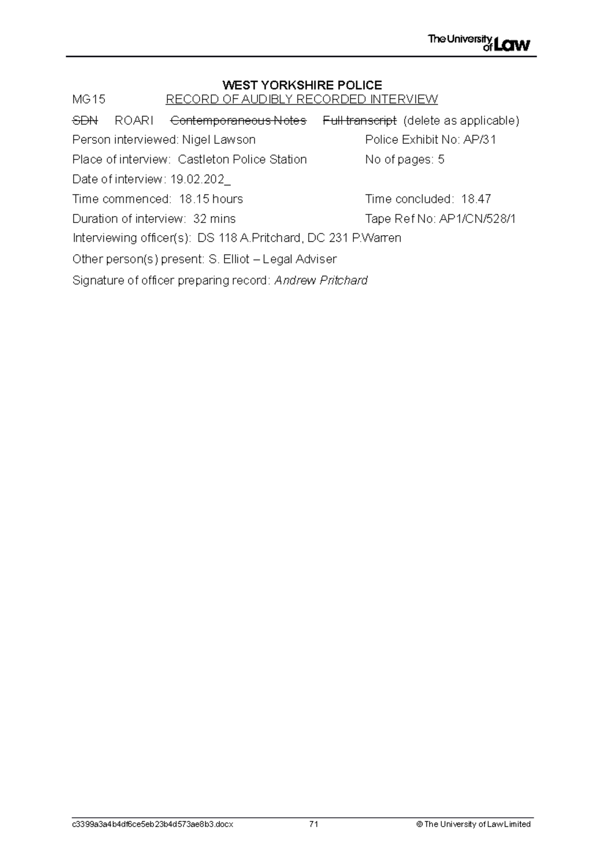 2223 acp ws05 ce02 amended interview - WEST YORKSHIRE POLICE MG15 ...