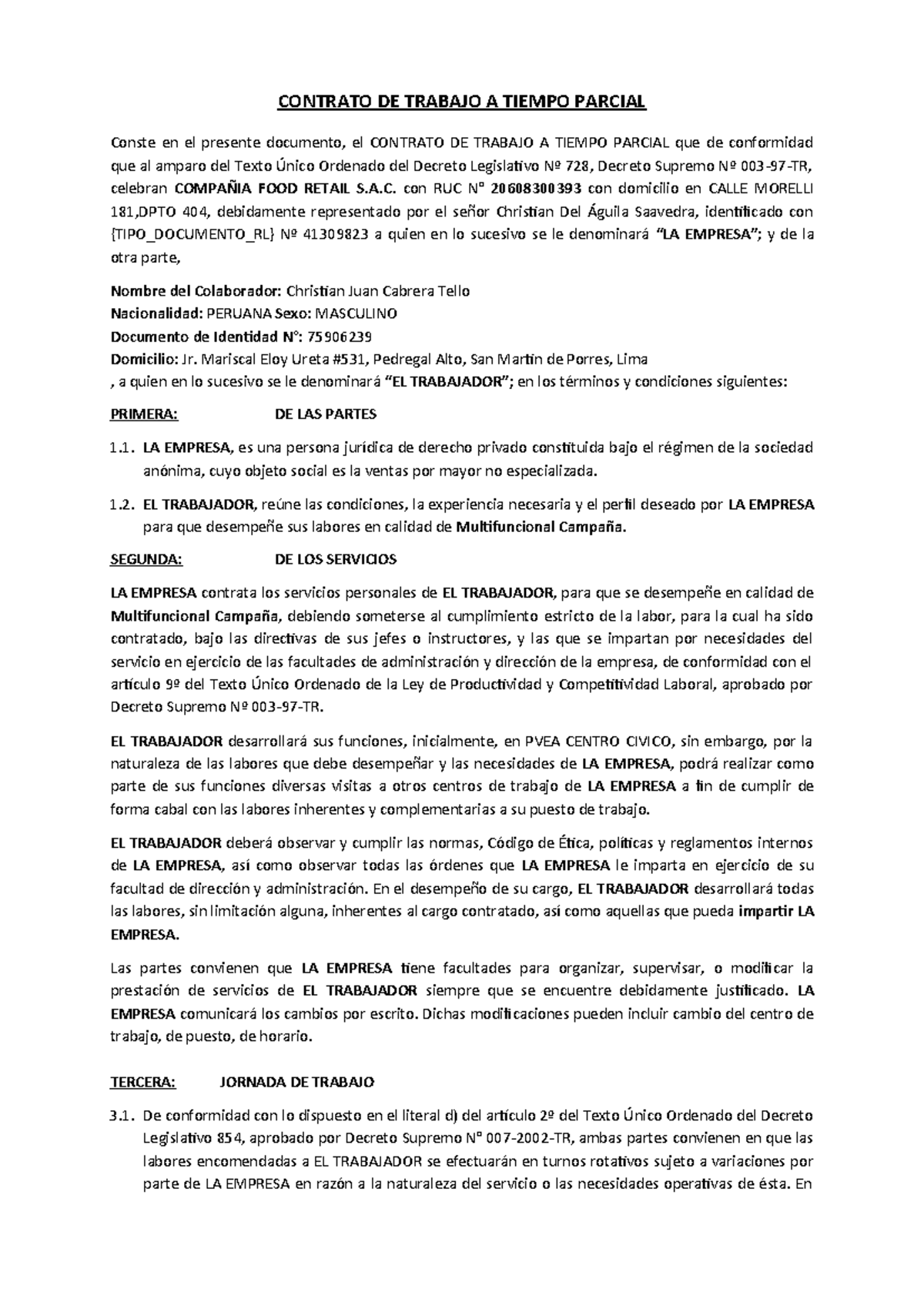 Contrato PART TIME Contrato PART TIME - CONTRATO DE TRABAJO A TIEMPO ...