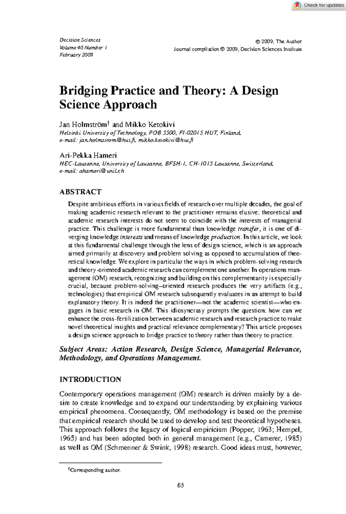 Decision Sciences - 2009 - Holmström - Bridging Practice and Theory A ...