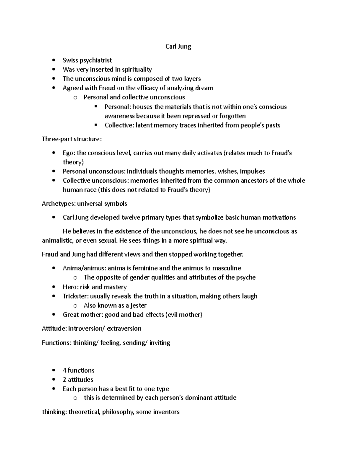 Carl Jung Notes - Carl Jung Swiss psychiatrist Was very inserted in ...