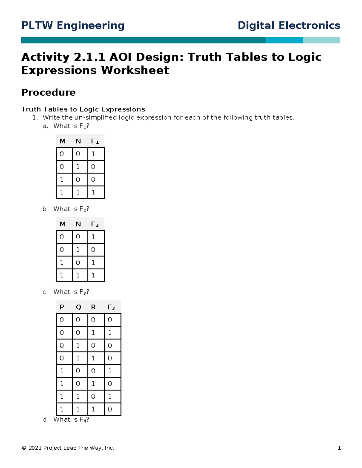 De 211 Teacher AOI Truth Table Logic Expression Worksheet 4 - PLTW ...