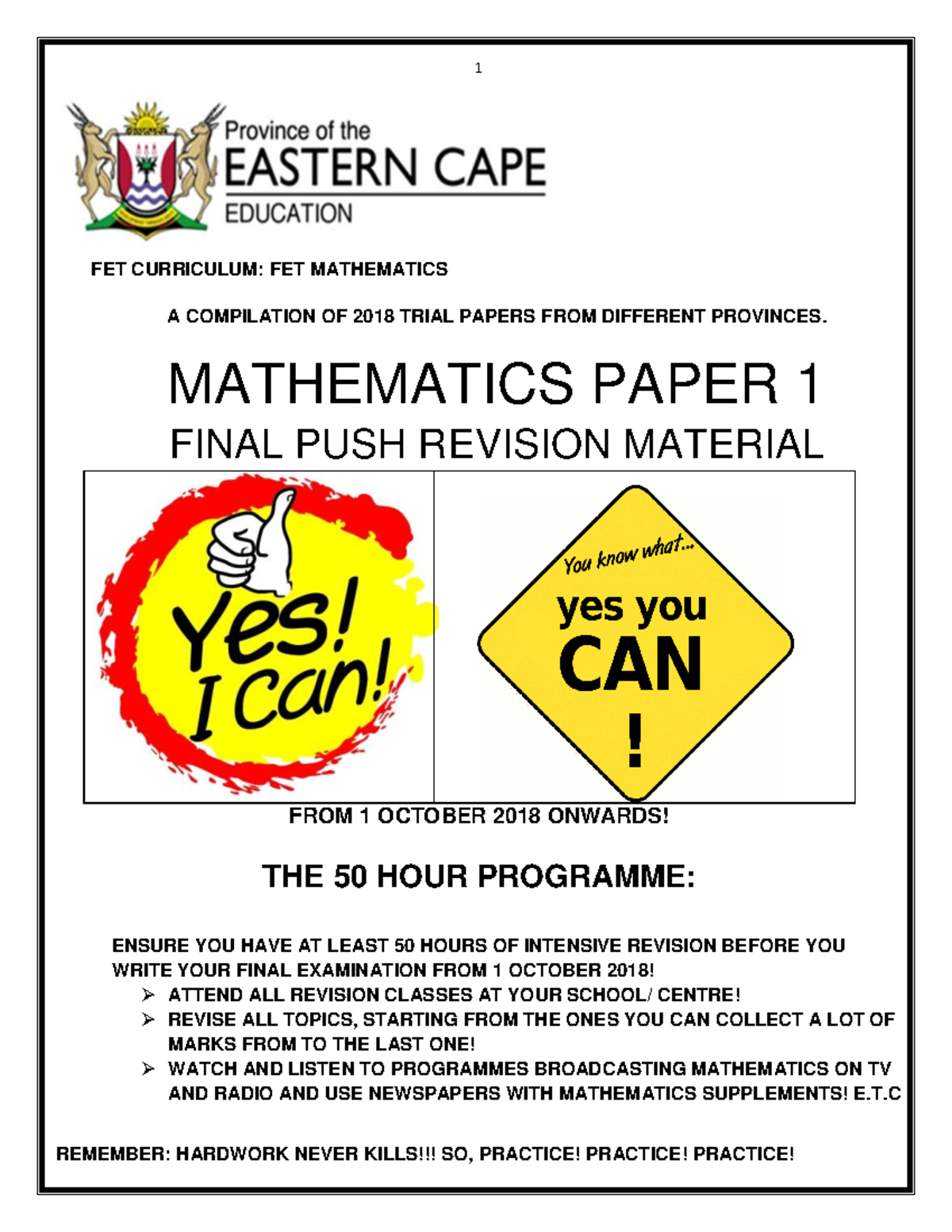 Last Push P1 2018 EC - Final last push - FET CURRICULUM: FET MATHEMATICS A COMPILATION OF 2018 ...