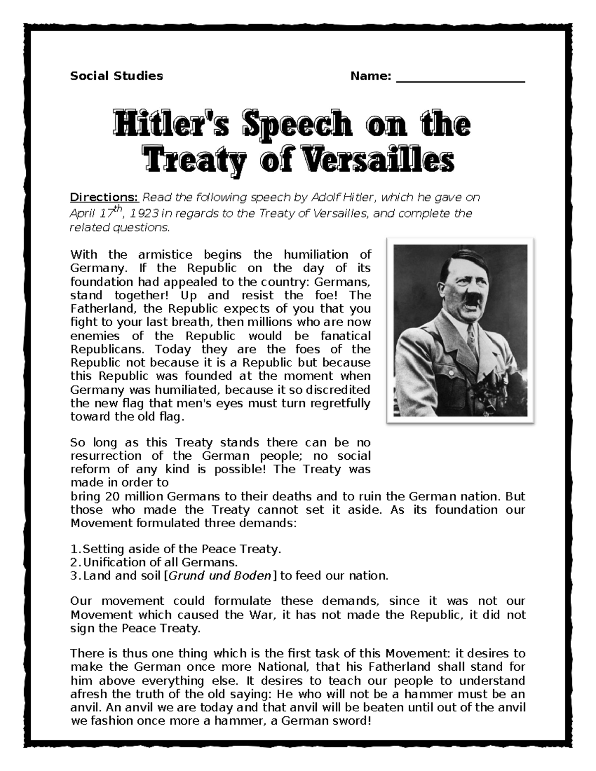 Kirstin Hernandez Treaty of Versailles - Social Studies Name ...