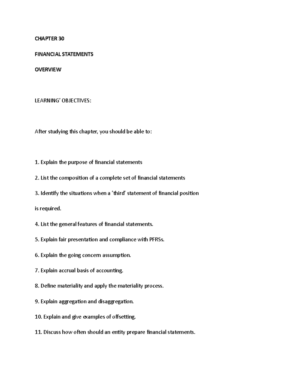 Chapter 30 Financial Statements Overview Chapter 30 Financial