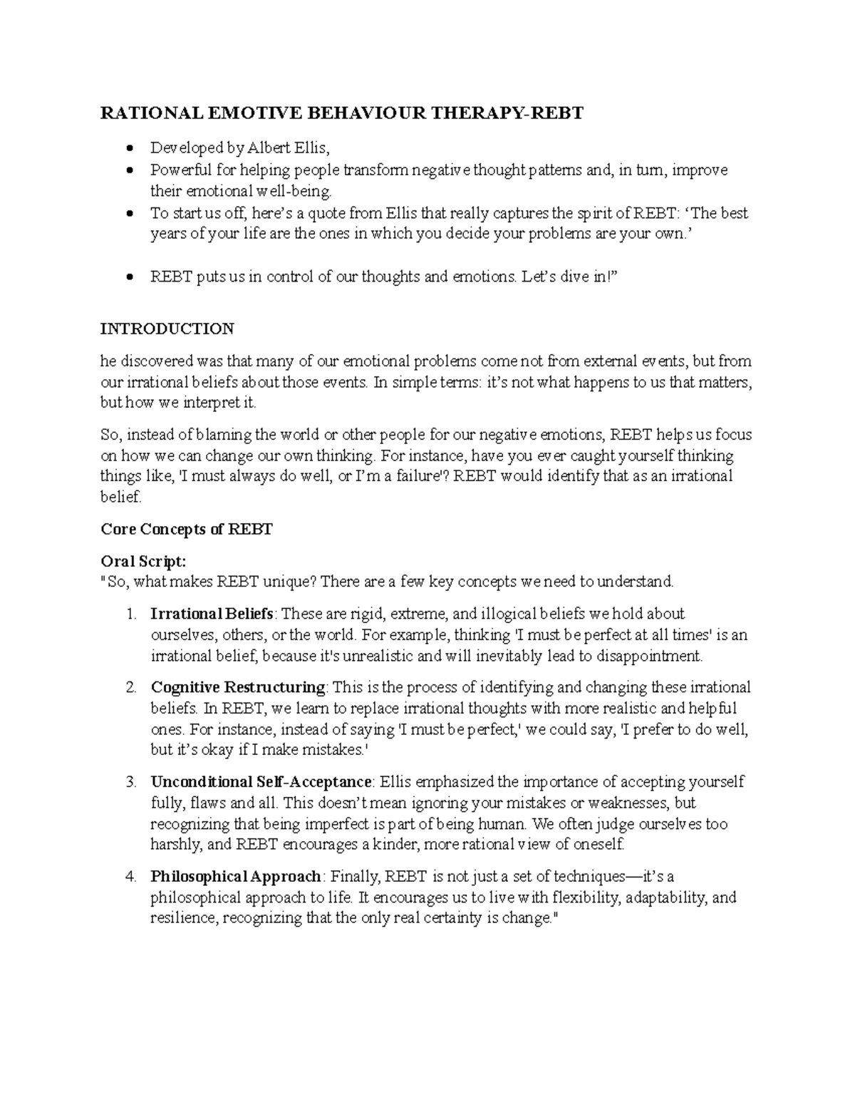 Rebt - rebt - RATIONAL EMOTIVE BEHAVIOUR THERAPY-REBT Developed by ...